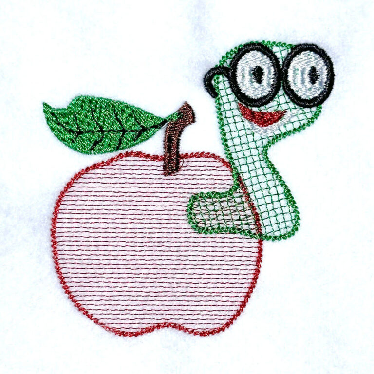 Apple with bookworm embroidery design - Machine Embroidery Geek